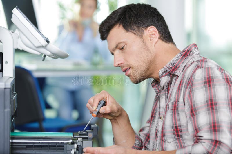 Hardware Repairman Repairing Broken Printer Fax Machine Stock Image ...