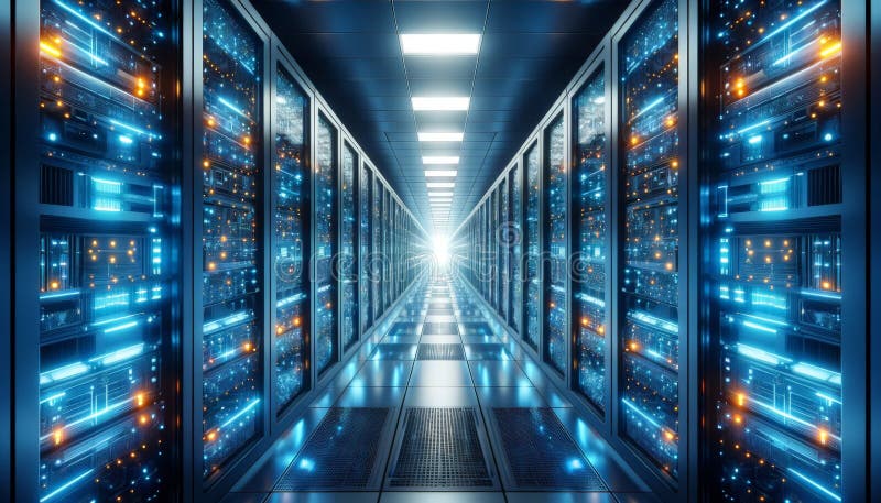 Hardware Server Room with Rows of Racks and Equipment. Abstract ...