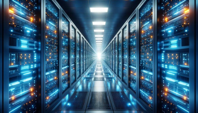 Hardware Server Room with Rows of Racks and Equipment. Abstract ...