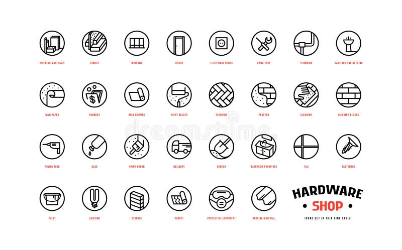 Hardware Shop and Building Icons Set in Thin Line Style Stock Vector ...