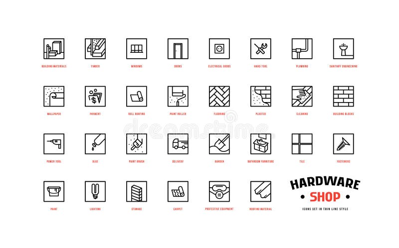 Hardware Shop and Building Icons Set in Thin Line Style Stock Vector ...