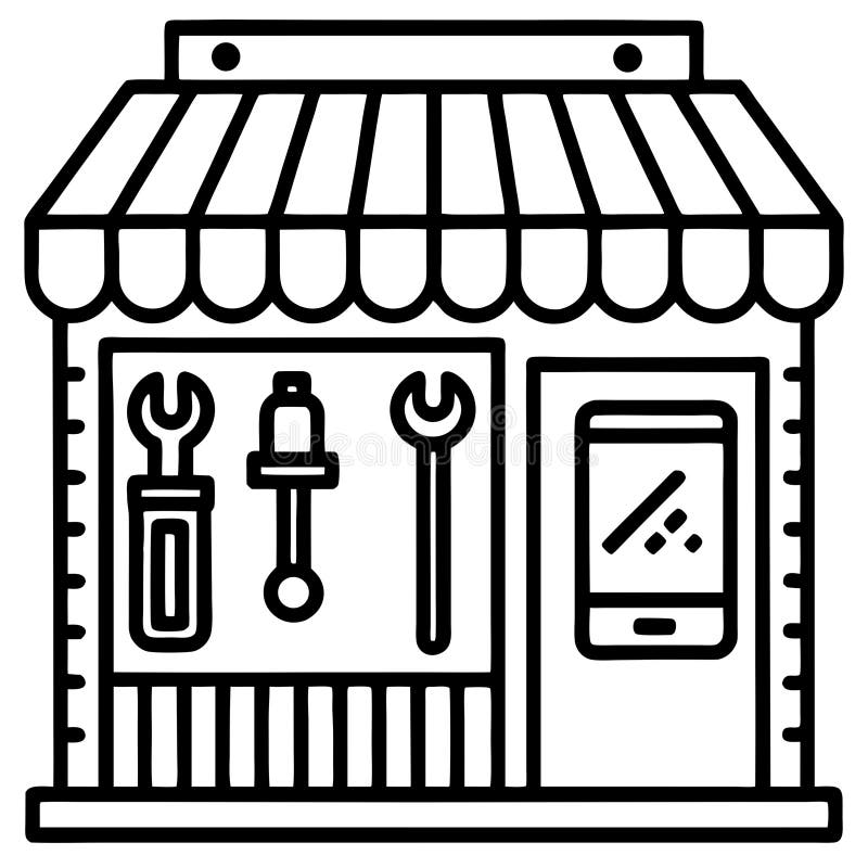 Hardware Store Front Illustration Featuring Tools and Smartphone ...