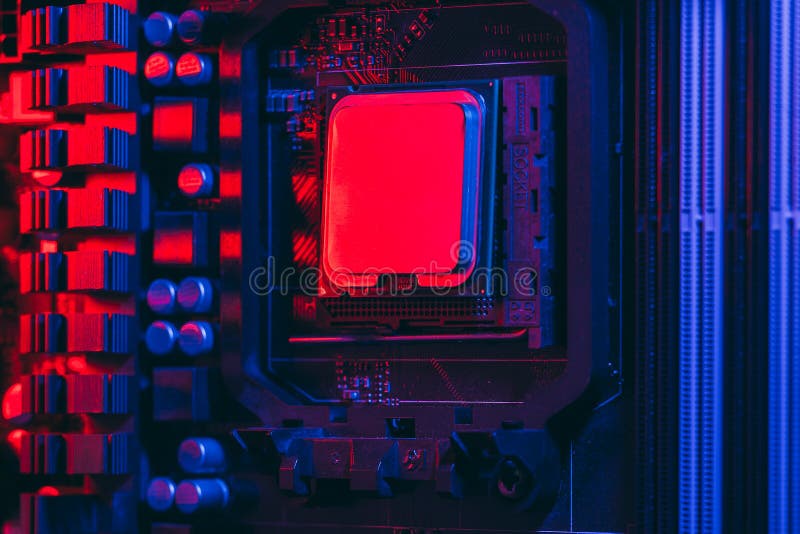 Hardware Technology Concept in Neon Light. Motherboard in Blue-red ...
