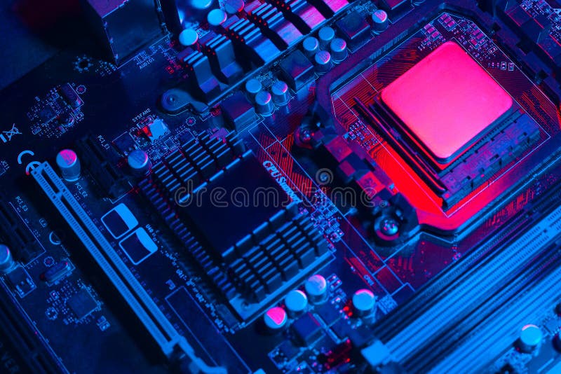 Hardware Technology Concept in Neon Light. Motherboard in Blue-red ...