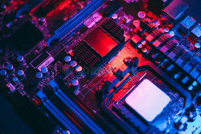 Hardware Technology Concept in Neon Light. Motherboard in Blue-red ...