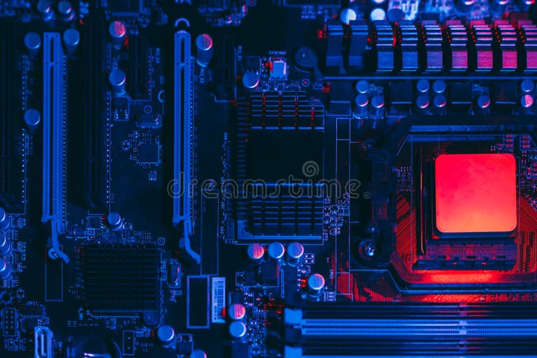 Hardware Technology Concept in Neon Light. Motherboard in Blue-red ...