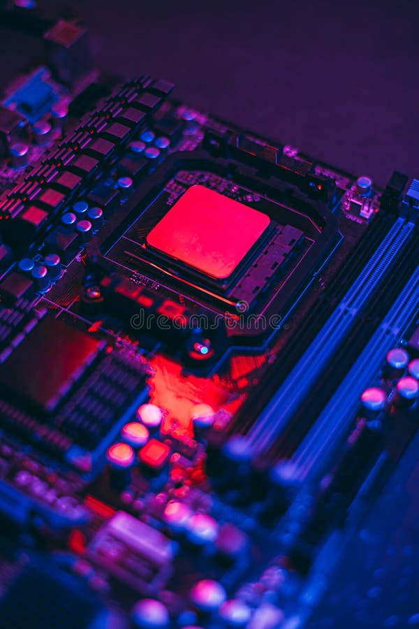 Hardware Technology Concept in Neon Light. Motherboard in Blue-red ...