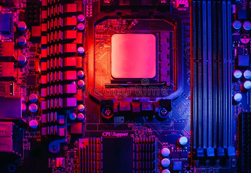 Hardware Technology Concept In Neon Light. Motherboard In Blue-red ...