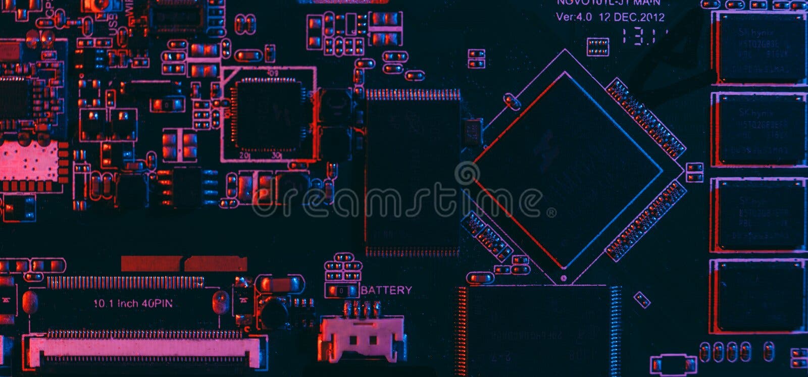 Hardware Technology Concept in Neon Light. Motherboard in Blue-red ...