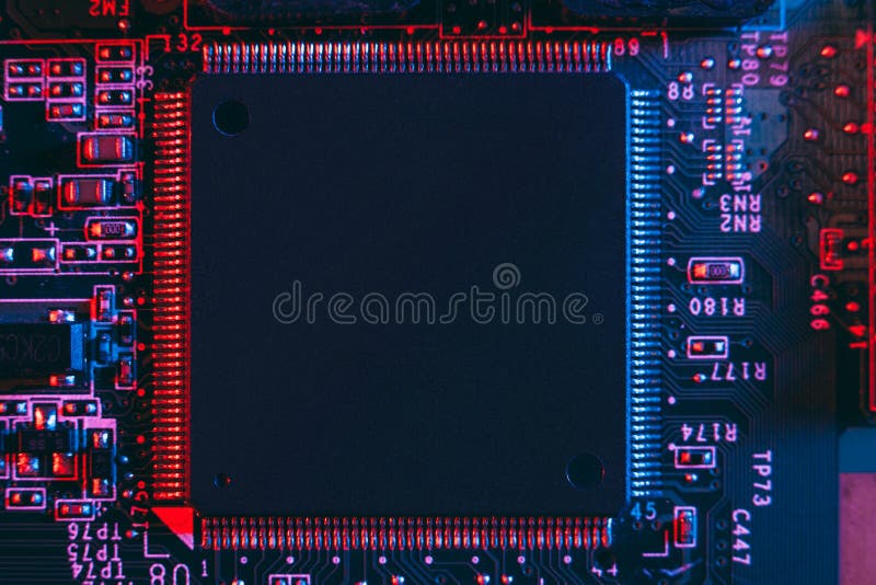 Hardware Technology Concept in Neon Light. Motherboard in Blue-red ...