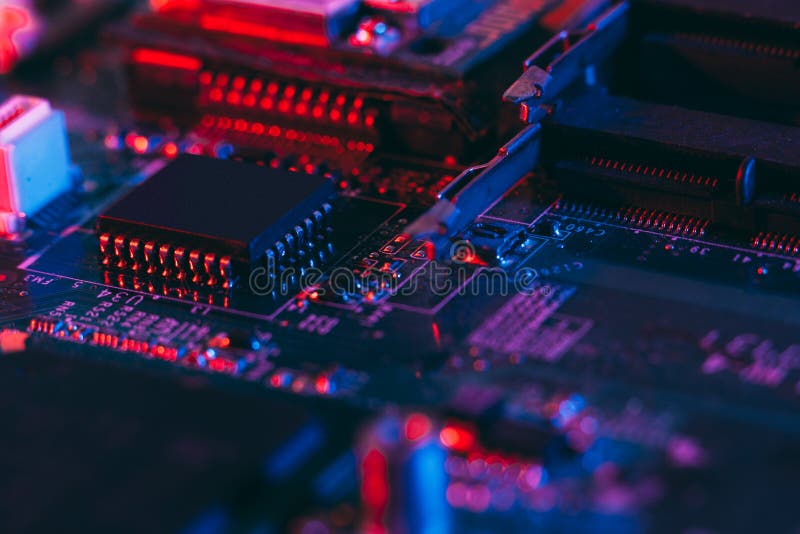 Hardware Technology Concept in Neon Light. Motherboard in Blue-red ...