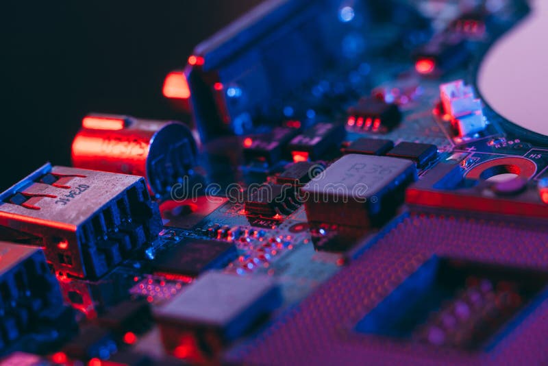 Hardware Technology Concept in Neon Light. Motherboard in Blue-red ...