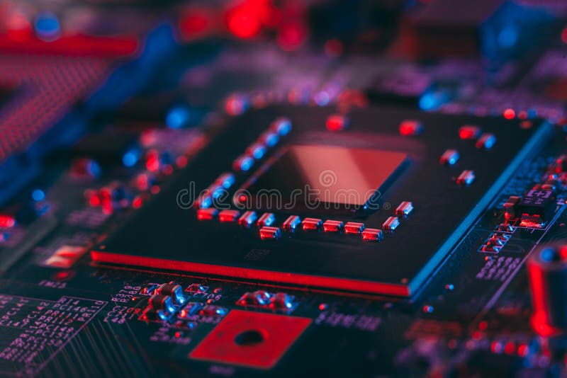 Hardware Technology Concept in Neon Light. Motherboard in Blue-red ...
