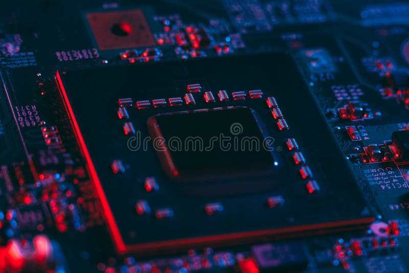 Hardware Technology Concept in Neon Light. Motherboard in Blue-red ...
