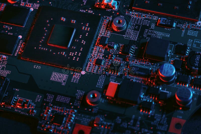 Hardware Technology Concept in Neon Light. Motherboard in Blue-red ...