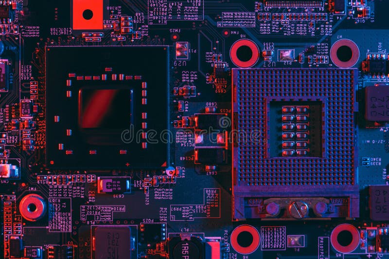 Hardware Technology Concept in Neon Light. Motherboard in Blue-red ...