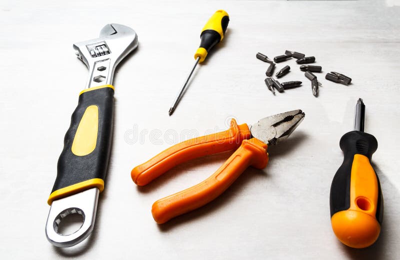 Hardware tools on a desk stock photo. Image of drill - 146316698