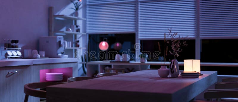 A Hardwood Kitchen Dining Table in a Modern Spacious Kitchen at Night ...