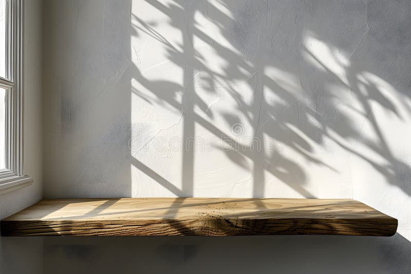 Hardwood Shelf by Window Casts Tree Shadow on Wall Stock Image - Image ...
