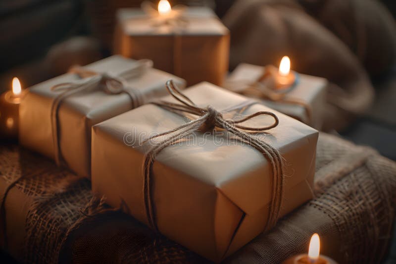 A Stack of Gifts with Candles on a Table, Lighting Up the Room Stock ...