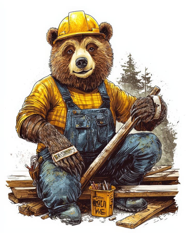 Hardworking Bear Construction Worker at a Busy Site with Tools and a ...