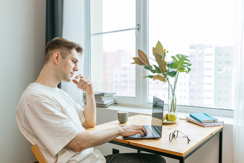 Hardworking Caucasian Man Work from Home Stock Photo - Image of ...