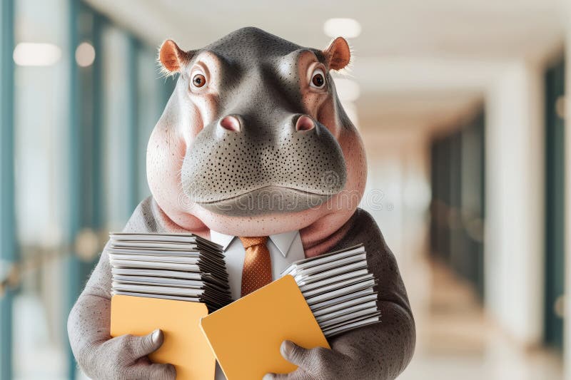 Hardworking Hippopotamus in Suit Holding Two Stacks of Documents ...