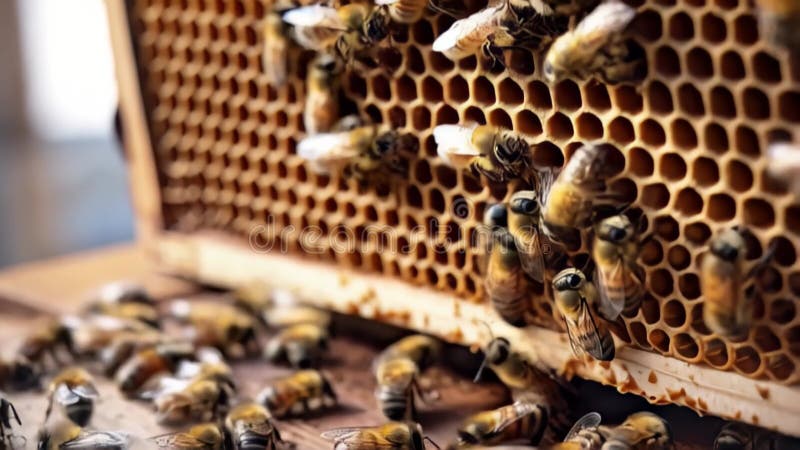 Close Up View of Bees Industriously Attending To a Honeycomb within a ...