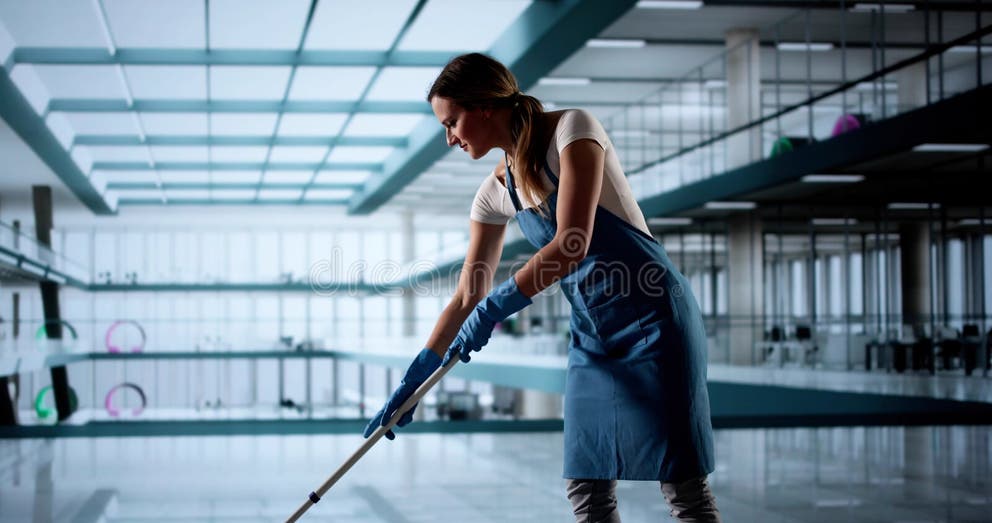 Hardworking Office Janitor Mopping Clean Floor Stock Photo - Image of ...