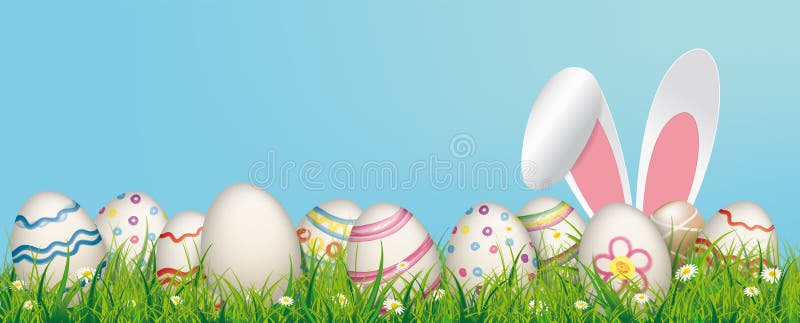 Hare Ears Natural Easter Eggs Blue Header Stock Vector - Illustration ...