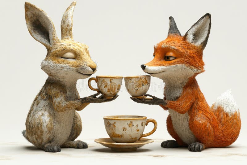 A Hare and a Fox Drink Tea , Highlighted on a White Background . 3d ...