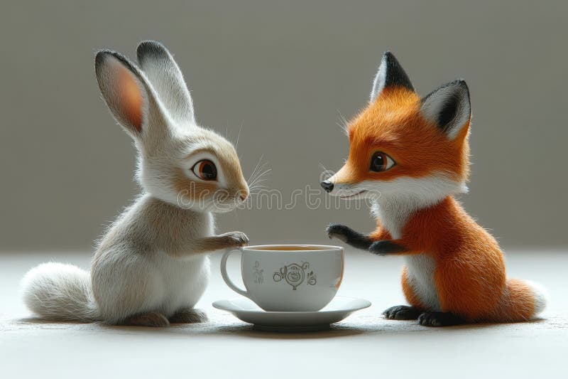 A Hare and a Fox Drink Tea , Highlighted on a White Background . 3d ...