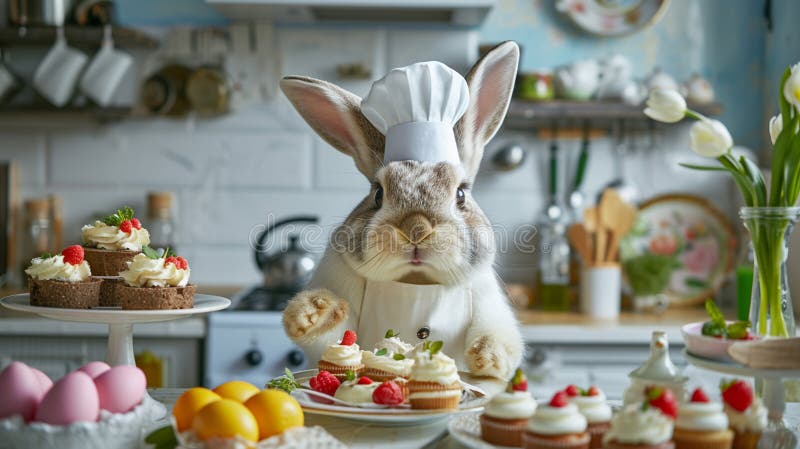 A Hare, a Rabbit is Baking Cupcakes in the Kitchen Stock Illustration ...