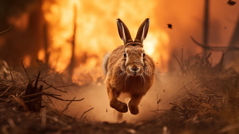 Hare Running Away from a Forest Fire. Natural Disaster. Fire in the ...
