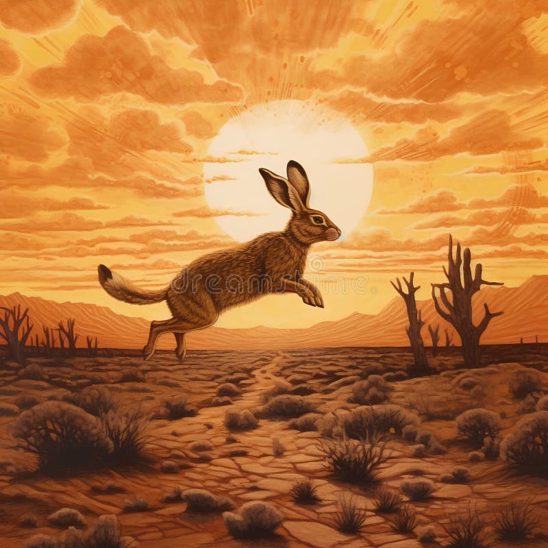 Hare Running in the Desert at Sunset. Digital Painting Illustration ...