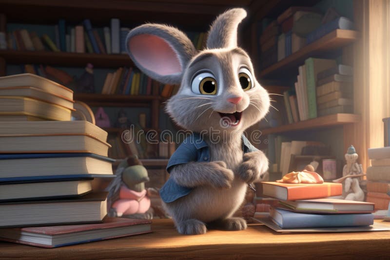 The Hare is Sitting with Textbooks in the Library Stock Illustration ...