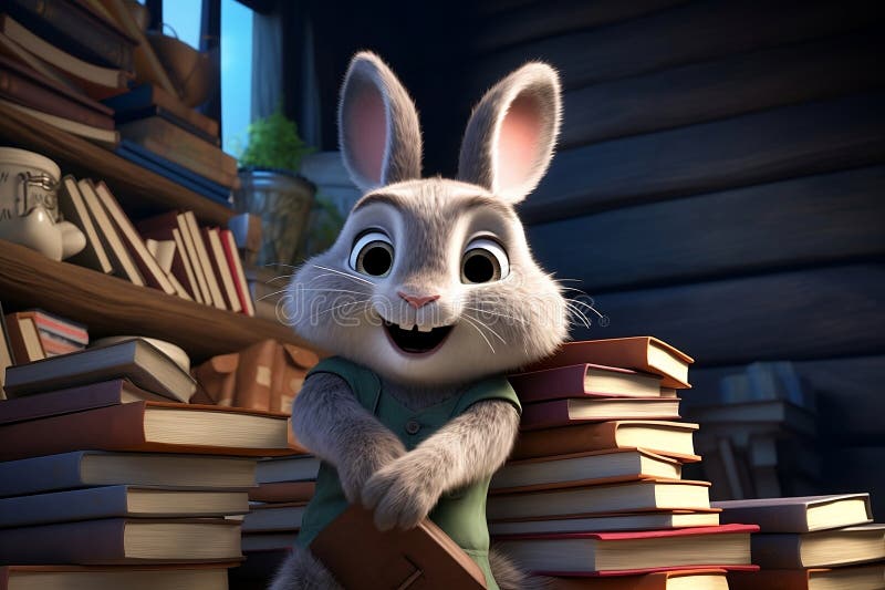 The Hare is Standing in the Library with Books Stock Illustration ...