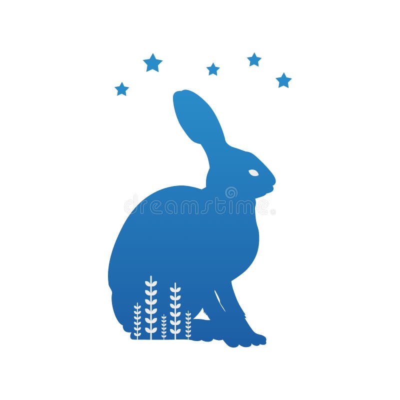 Hare. Stylized Silhouette of a Blue Rabbit Under the Stars. Flat Style ...