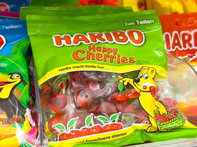 Haribo Happy Cherries Gummy Candy Pack with Cartoon Design Editorial ...