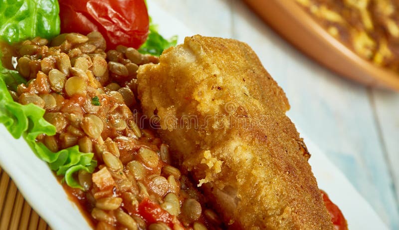 Harissa Crumbed Fish with Lentils Stock Image - Image of kabkabou ...