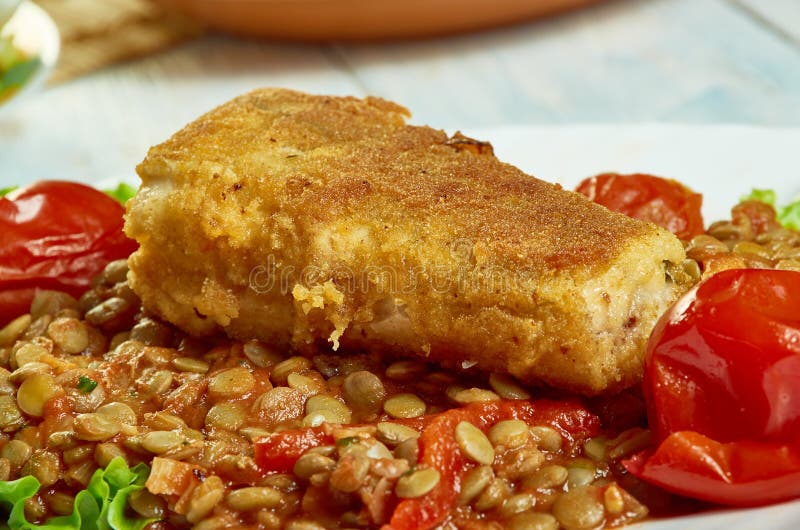Harissa Crumbed Fish with Lentils Stock Photo - Image of north, savory ...