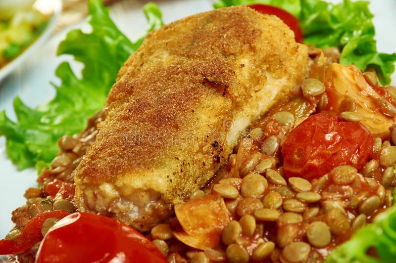 Harissa Crumbed Fish with Lentils Stock Image - Image of food, harissa ...