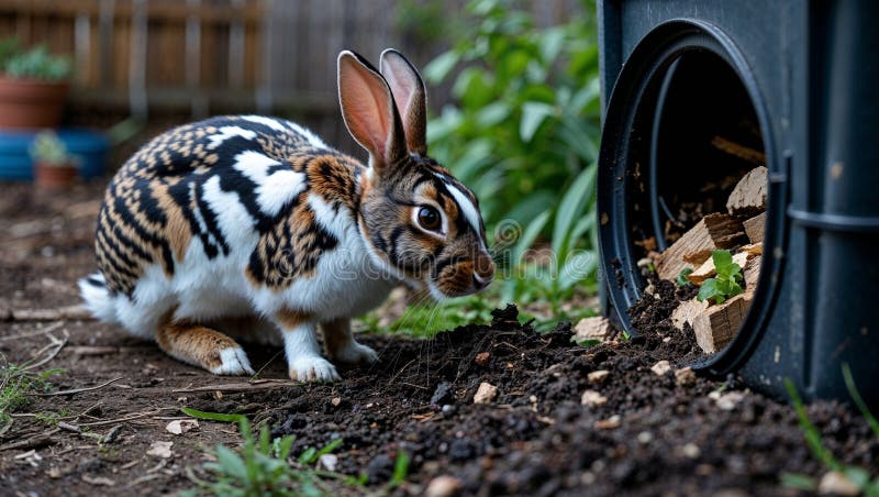 Harlequin Rabbit Sniffing Near Compost Bin Edge in Backyard Stock ...