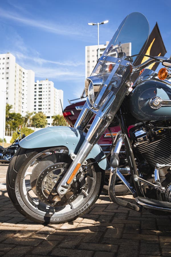 Harley-Davidson Motorcycle, Highlighting the Blue Front Fender, Chrome ...