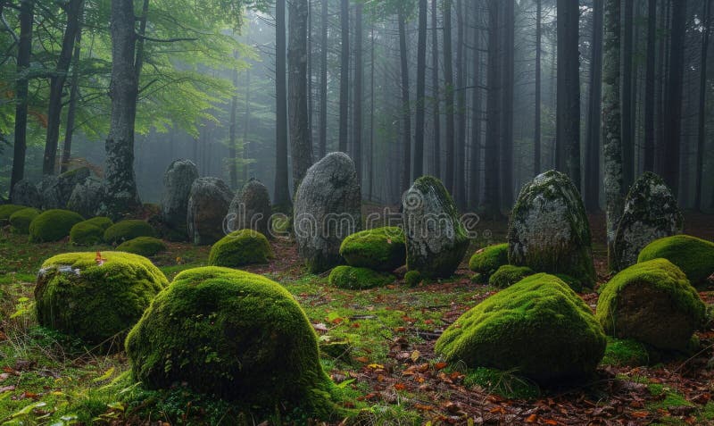 Harmonious Alignment Moss Covered Stones Forest Glade Stock Photos ...