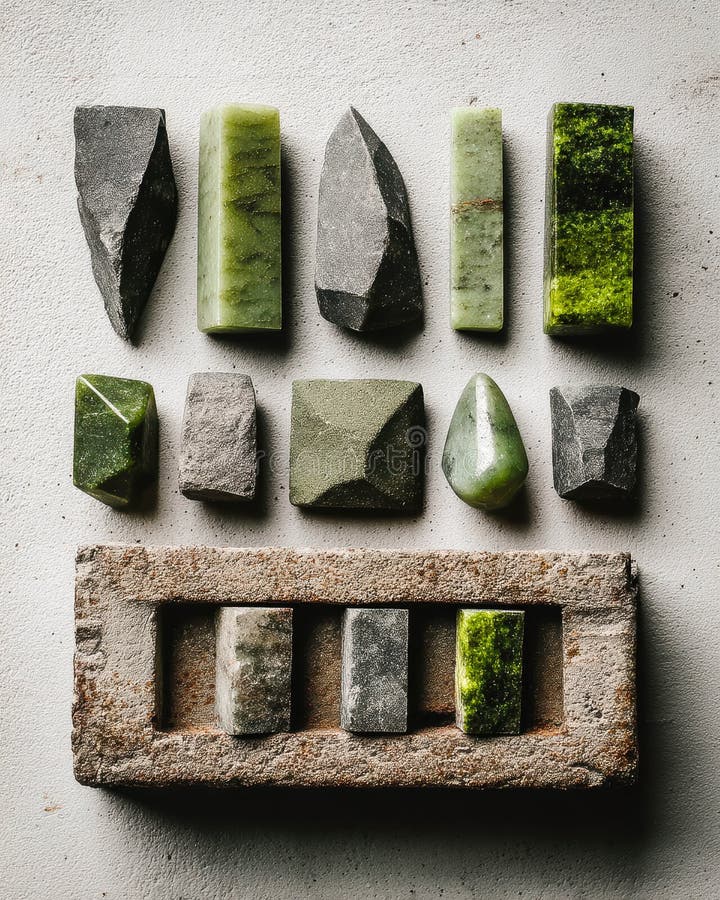 Harmonious Arrangement of Unique Jade Pieces on Textured Concrete ...