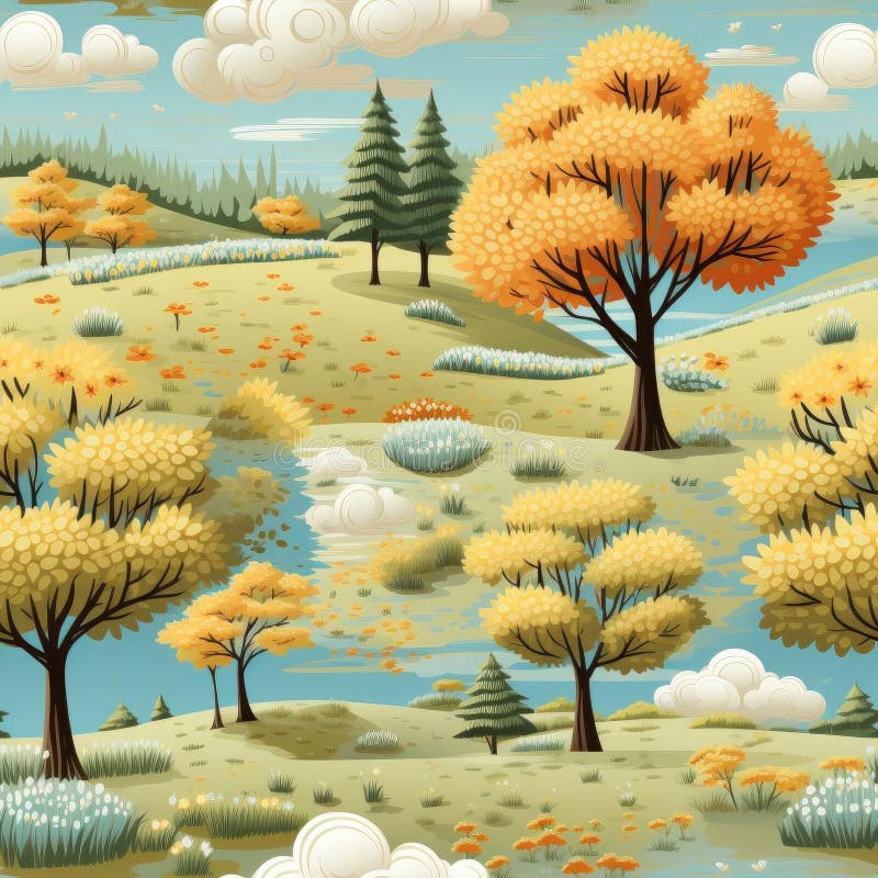 Harmonious Autumn Scenes with Trees and Clouds (tiled) Stock ...