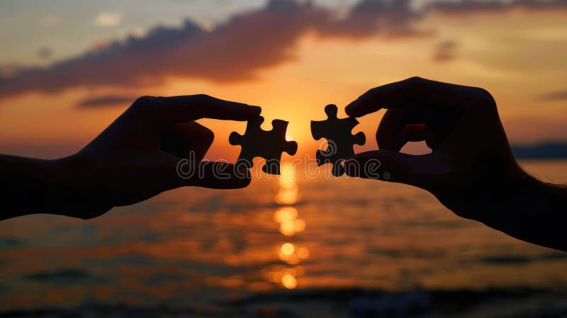 Harmonious Connection, Two Hands Join Puzzle Pieces at Sunset ...