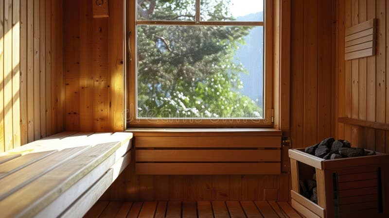 The Harmonious Interior of a Sauna Room, Complemented by a Scenic ...