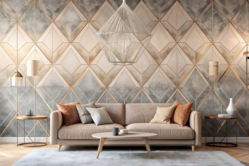 Harmonious Room with Light Brown Sofa and Diamond Glass Table Stock ...